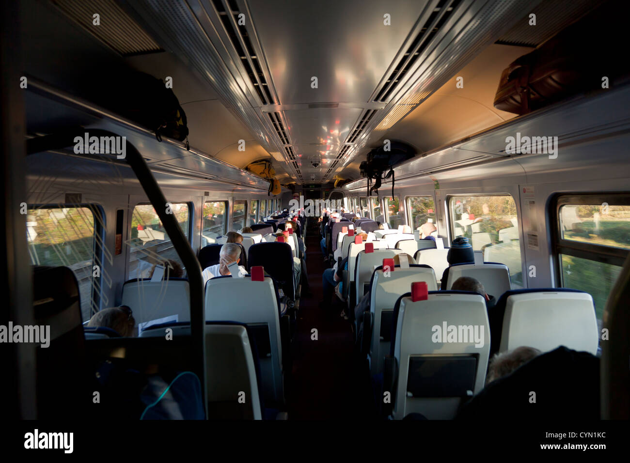 Commuters working on train before arriving at destination for work hi ...