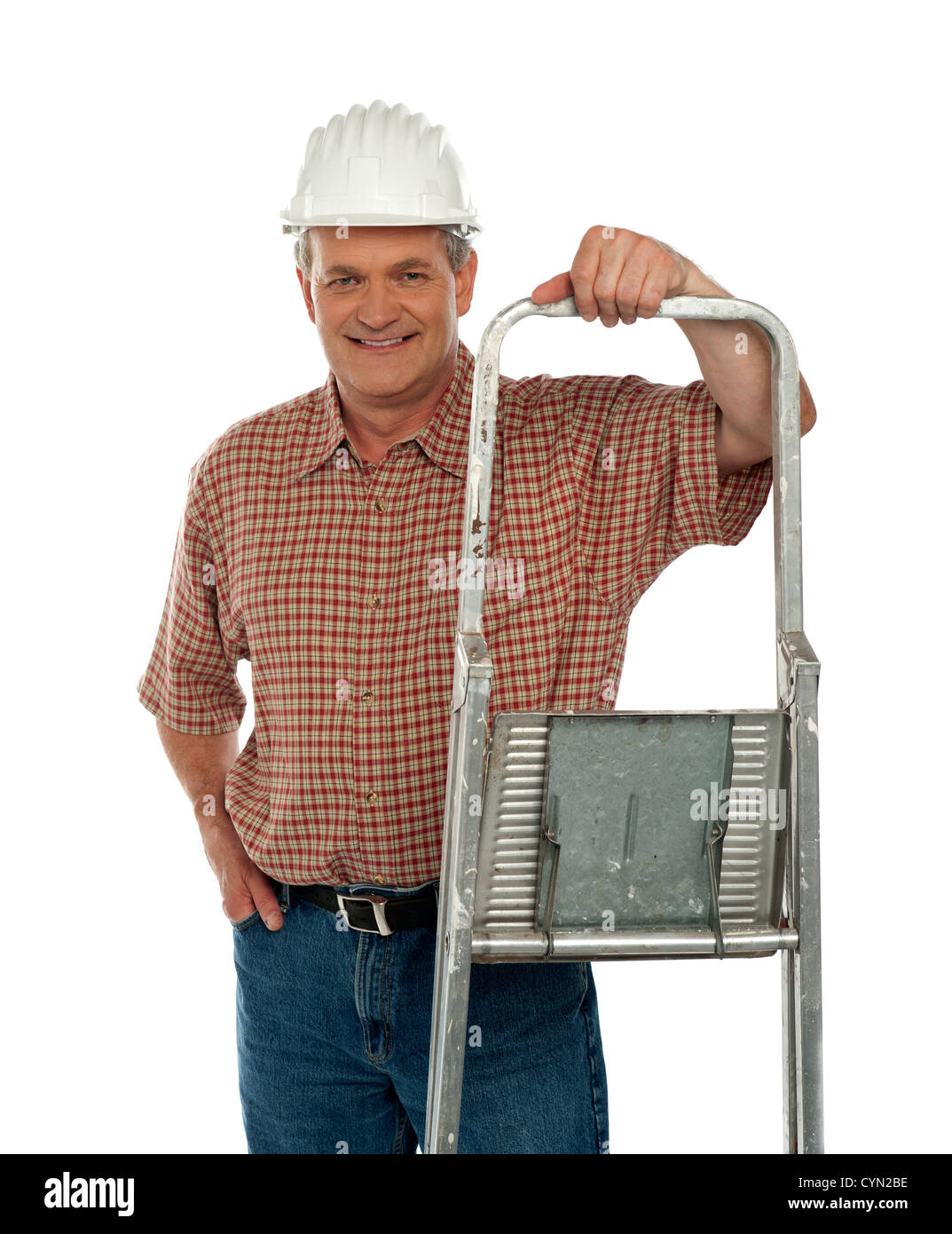 Smiling aged worker posing with ladder isolated against white ...