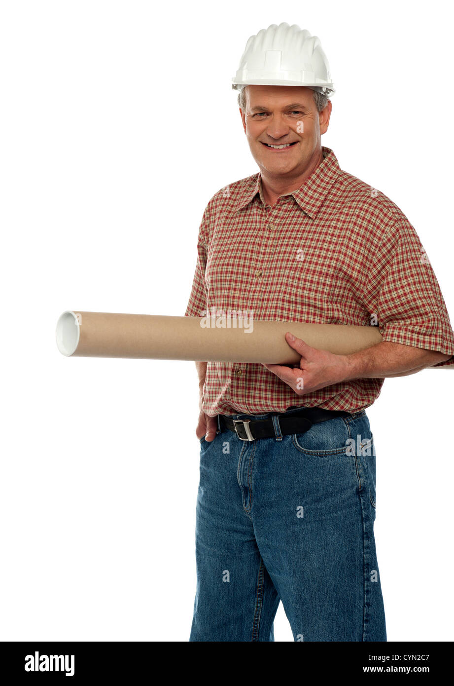 Professional construction contractor with hard hat carrying blueprints ...