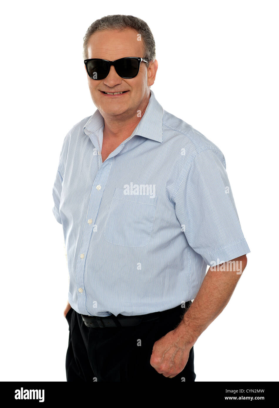 Stylish portrait of casual aged male model posing against white ...