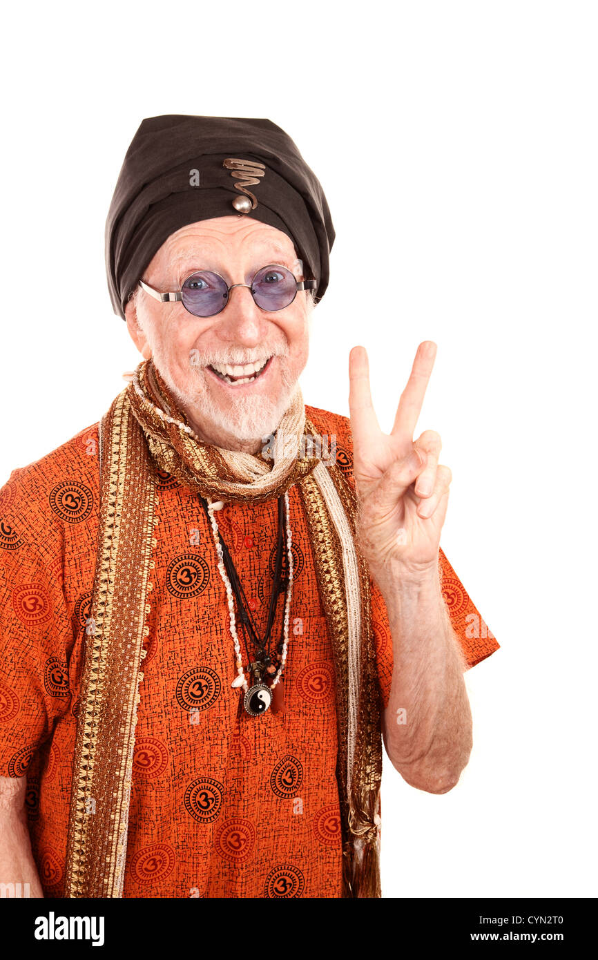 Funny Senior Guru in Orange Shirt Making Peace Sign Stock Photo - Alamy