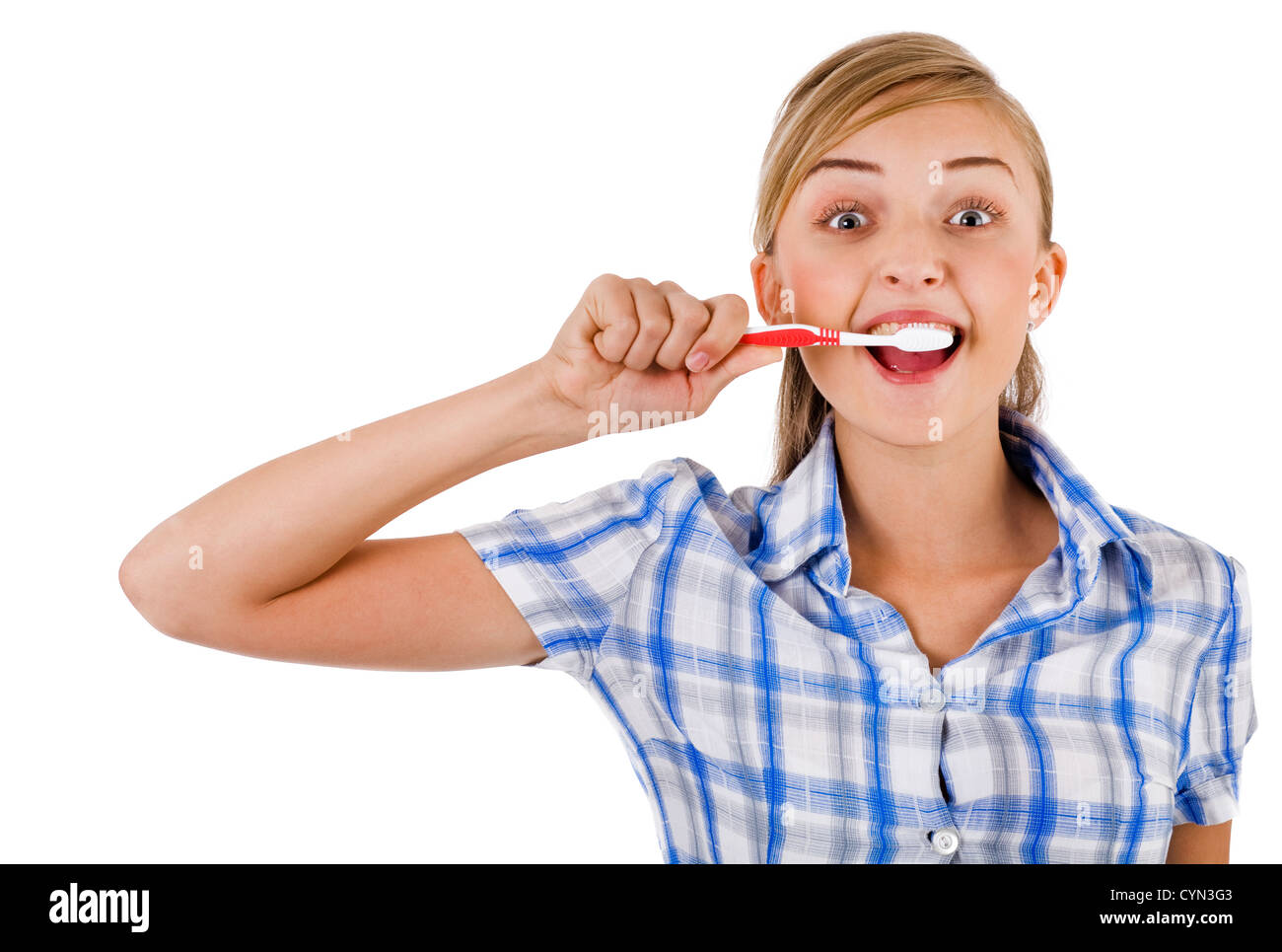 Women brushing her teeth on a white background Stock Photo - Alamy