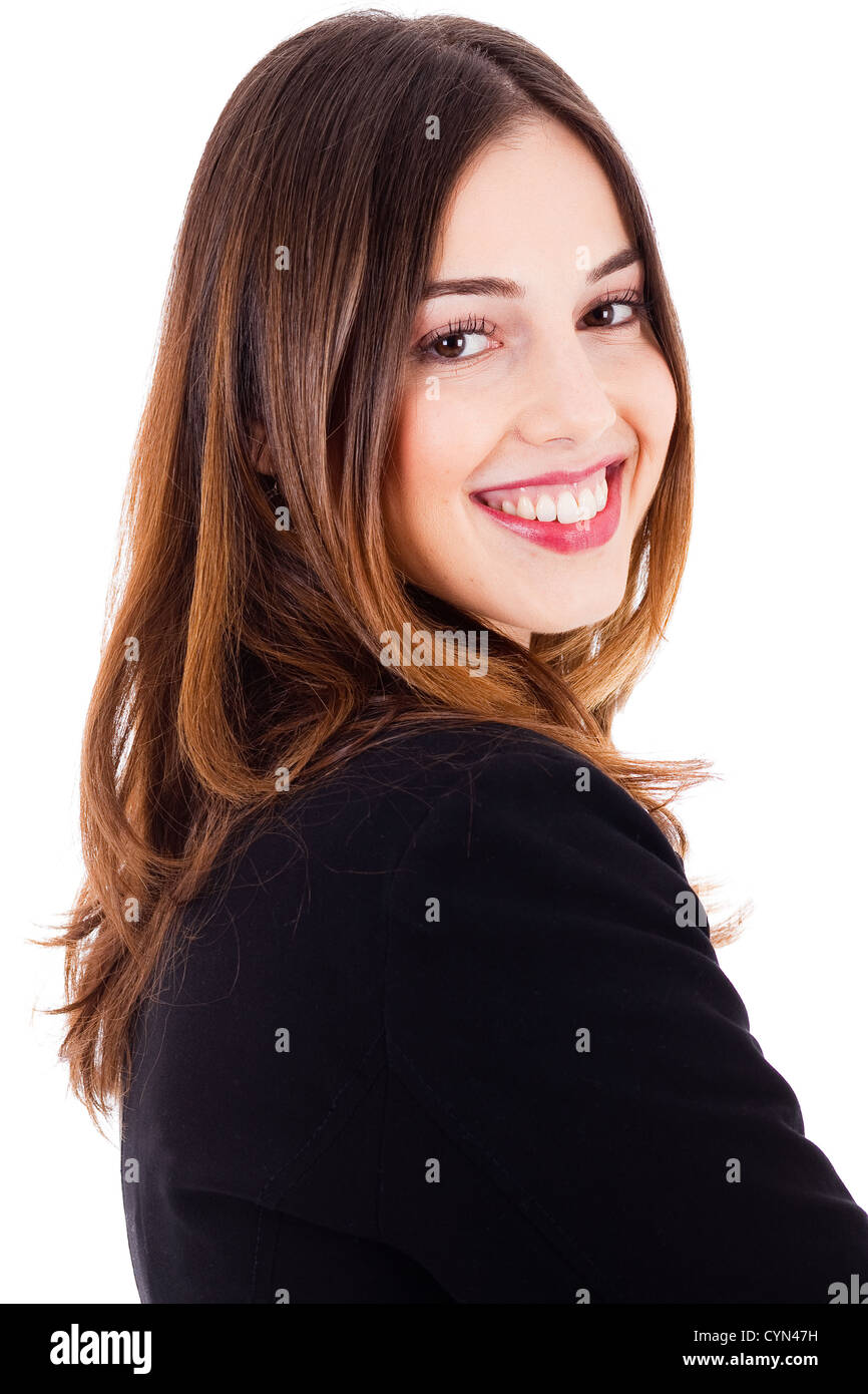 young beautiful model smiling side pose on white background Stock Photo ...