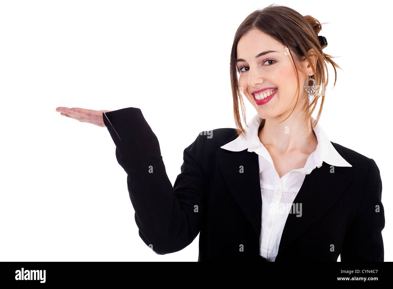 Women pointing at the copy space on a white background Stock Photo - Alamy