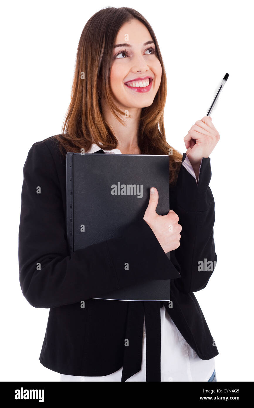 Business women carrying her file and thinking by raising her pen ...