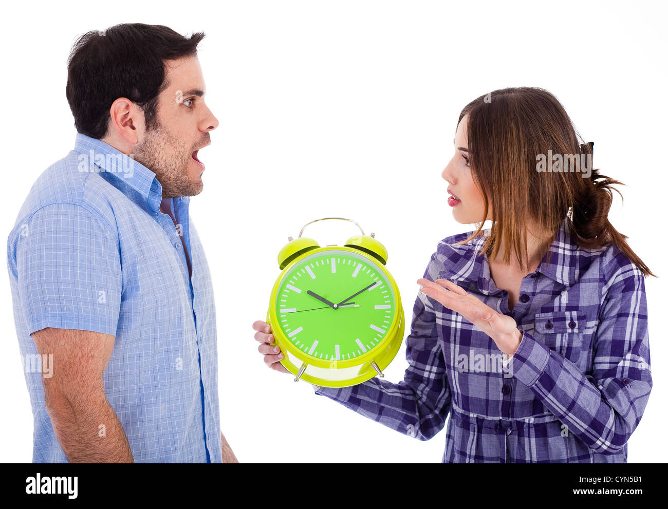 Women angry on her boyfriend for being late by showing the clock on a ...
