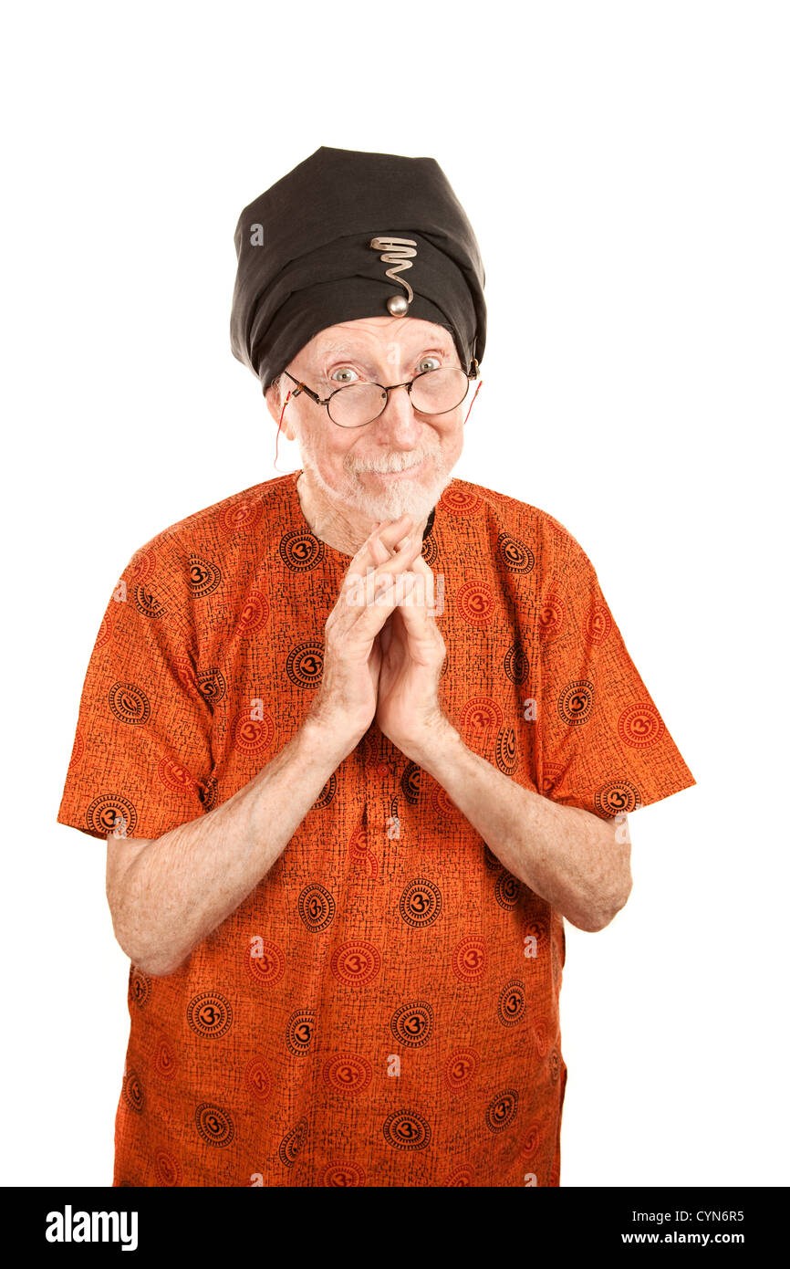 Senior guru with hands folded in prayer or blessing Stock Photo - Alamy