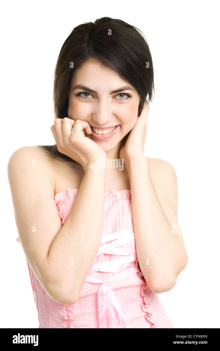 portrait of a beautiful laughing girl isolated against white background ...