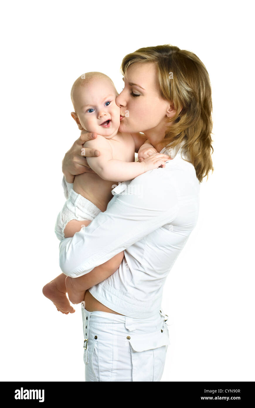 young happy beautiful mother with her little baby against white ...