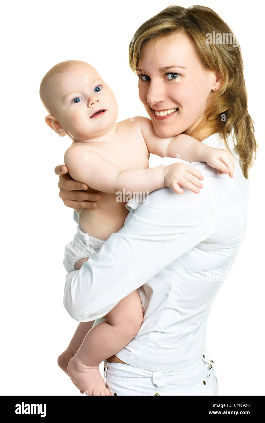 young happy beautiful mother with her little baby against white ...