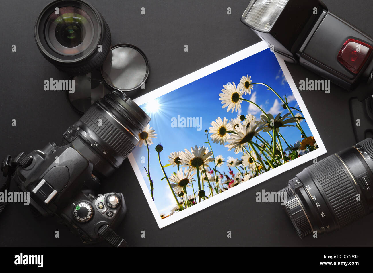 camera and lense on black showing photographer still life Stock Photo ...