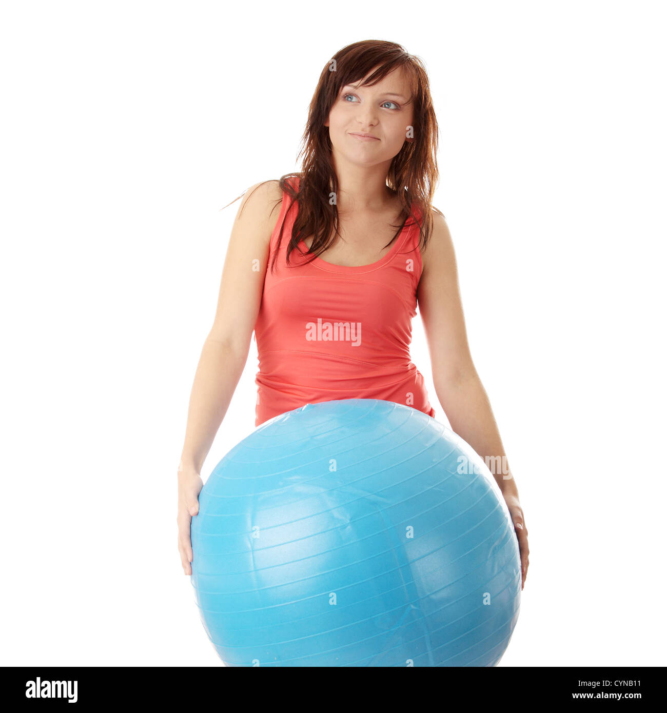 Young happy woman doing fitness exercise, isolated on white Stock Photo ...