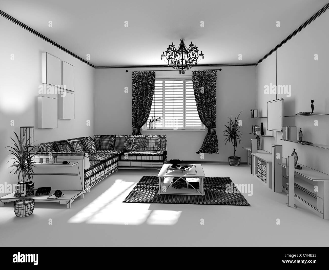 the modern interior sketch (wireframe rendering Stock Photo - Alamy