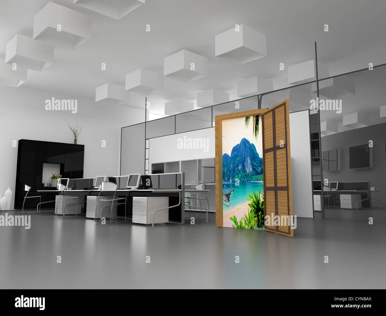 the office interior with travel door (3D interior Stock Photo - Alamy