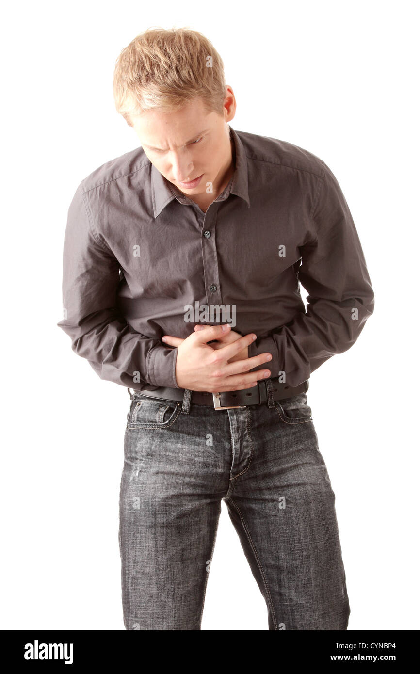A man holding his stomach because he has diarrhea Stock Photo - Alamy
