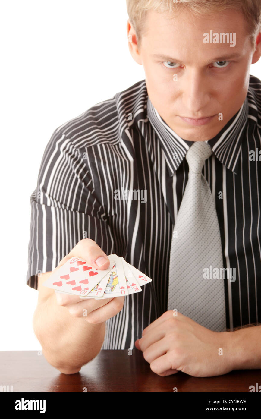 Young poker player with gun isolated on white Stock Photo - Alamy