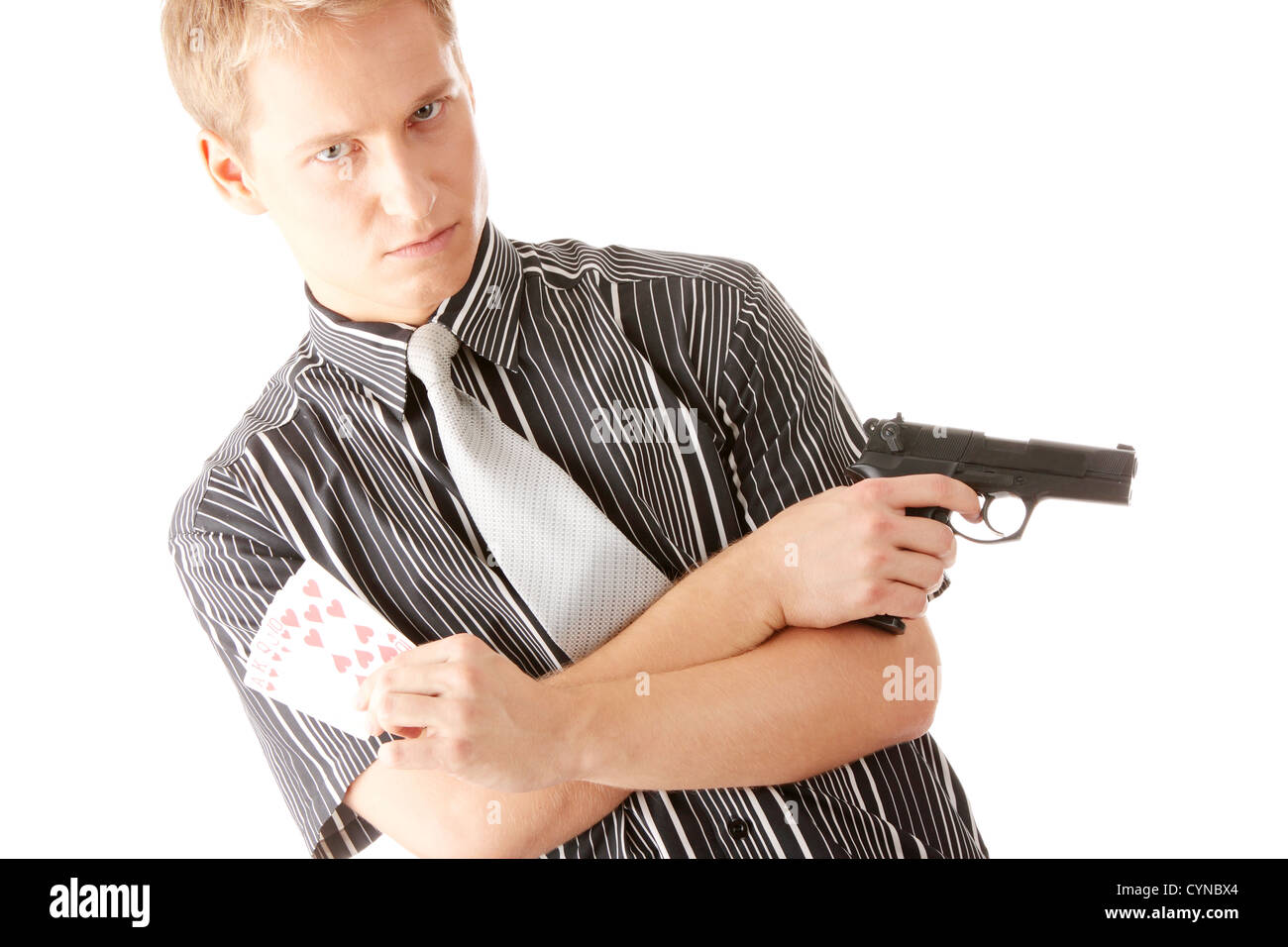 Young poker player with gun isolated on white Stock Photo - Alamy
