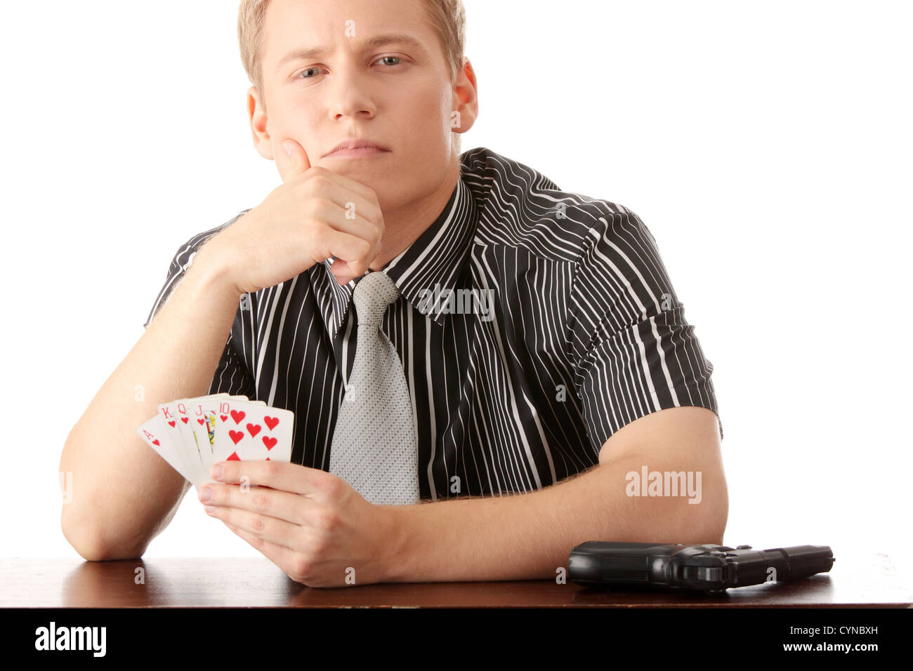Young poker player with gun isolated on white Stock Photo - Alamy