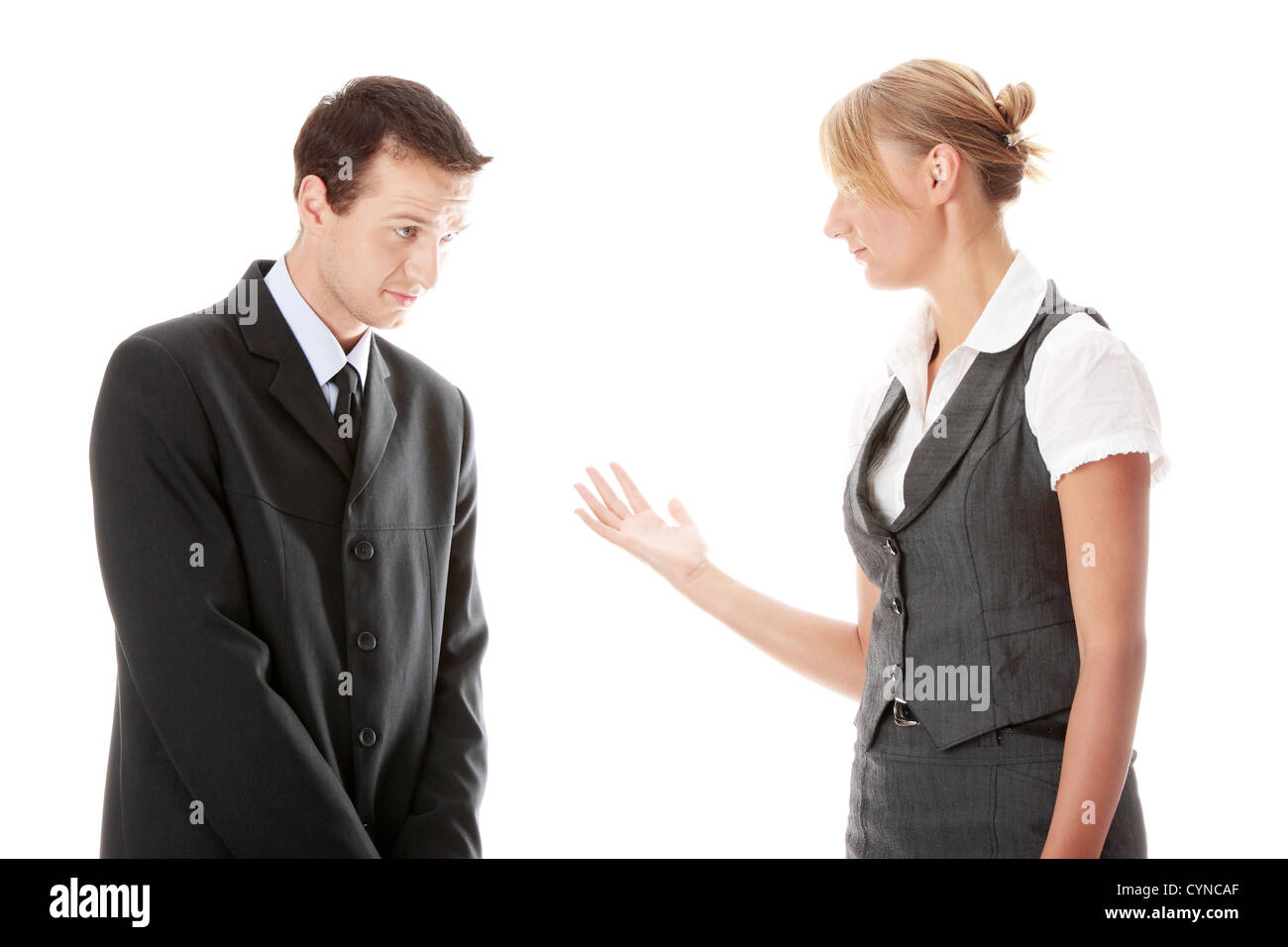 Work Colleagues arguing on white background Stock Photo - Alamy