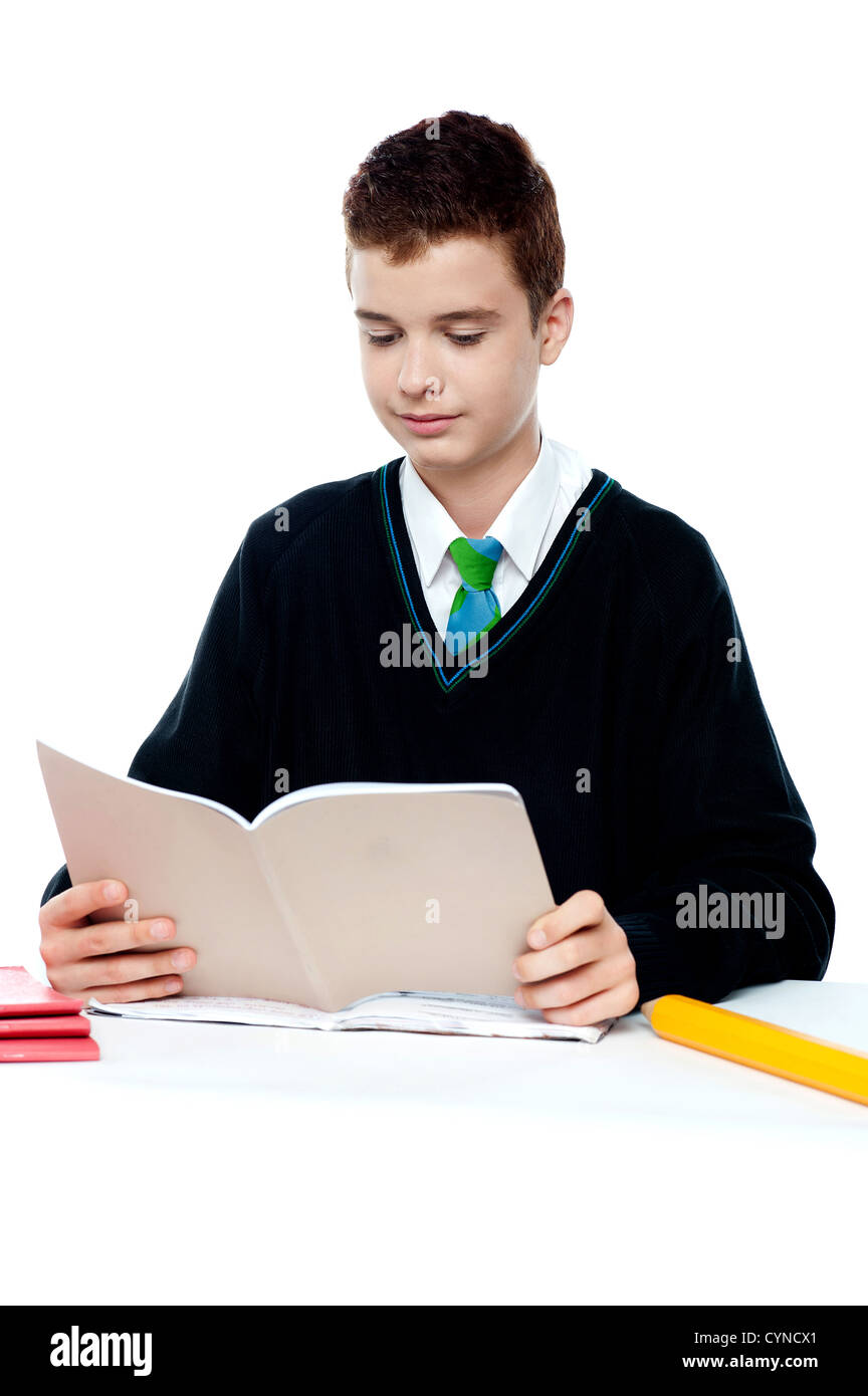 School boy reading from notebook. Concentrating on notes Stock Photo ...