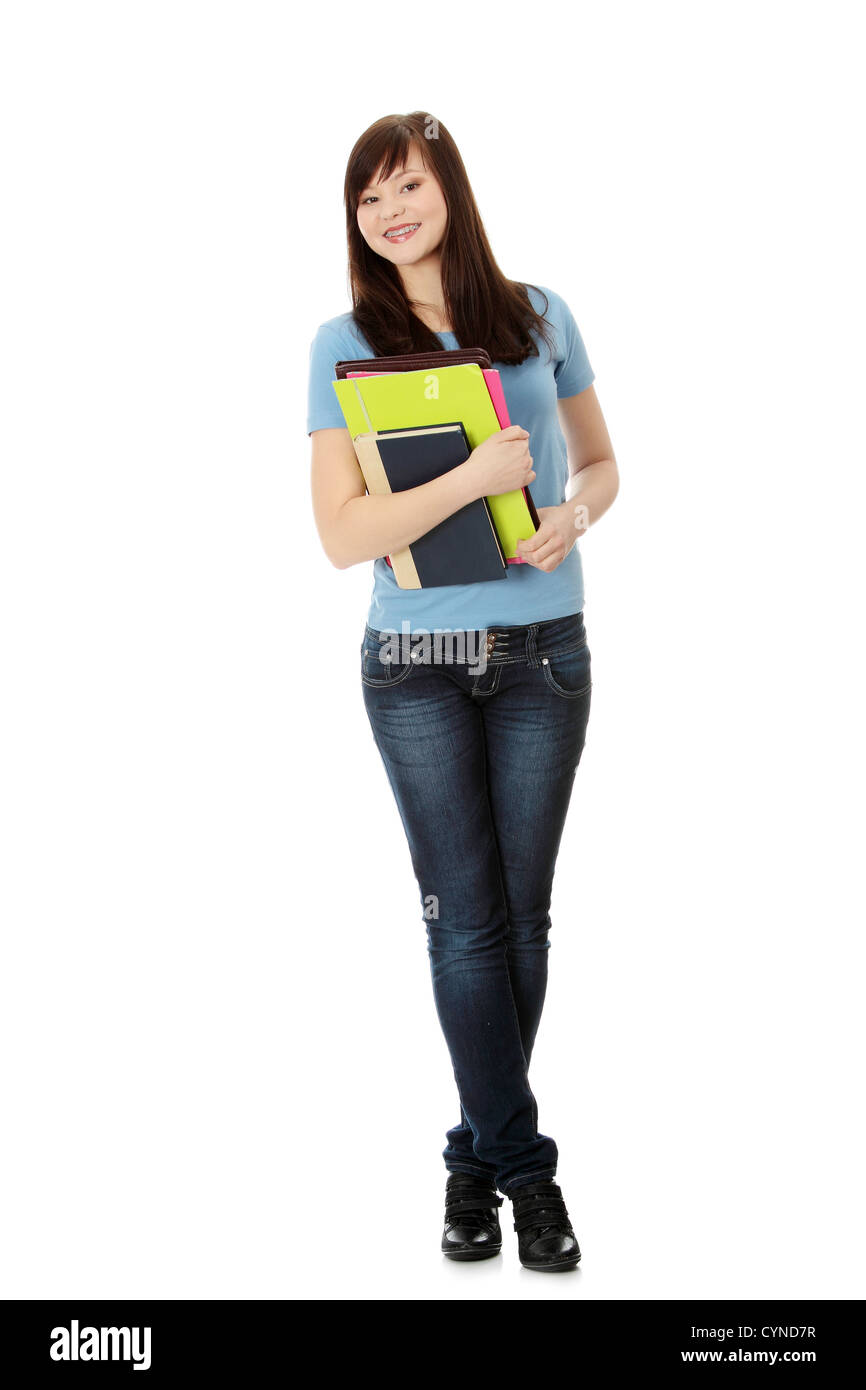 Full portrait of happy student girl, isolated on white Stock Photo - Alamy