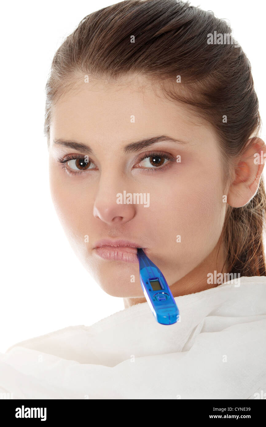 Young female having fever, feeling bad, checking her temperature Stock ...