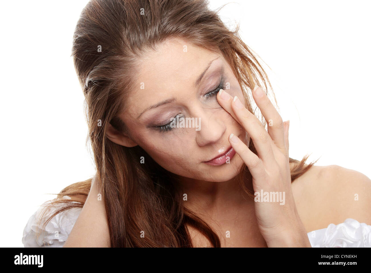 Beautiful young caucasian sad bride crying, over white background Stock ...