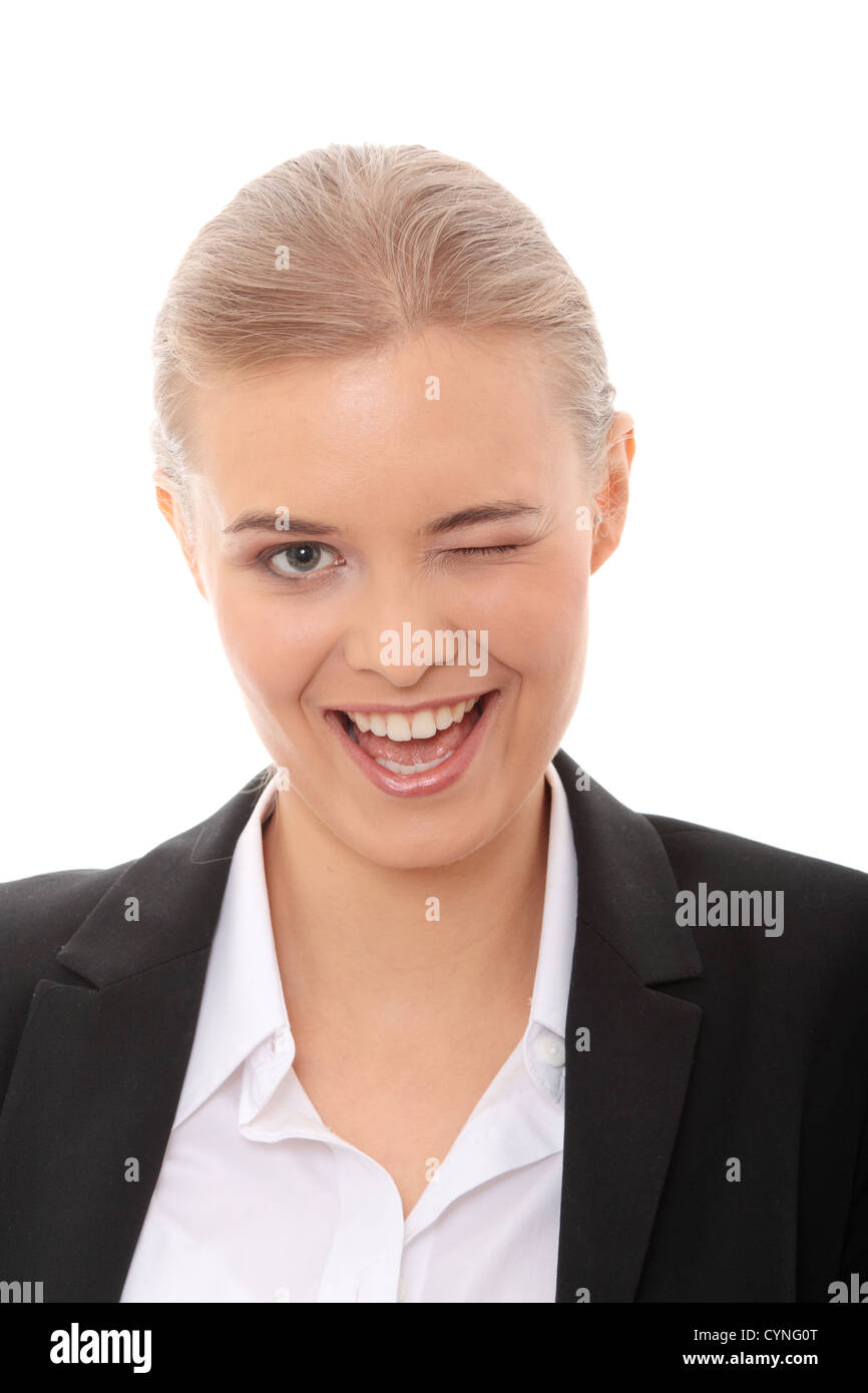 Businesswoman with big smile blinking. Isolated on white background ...