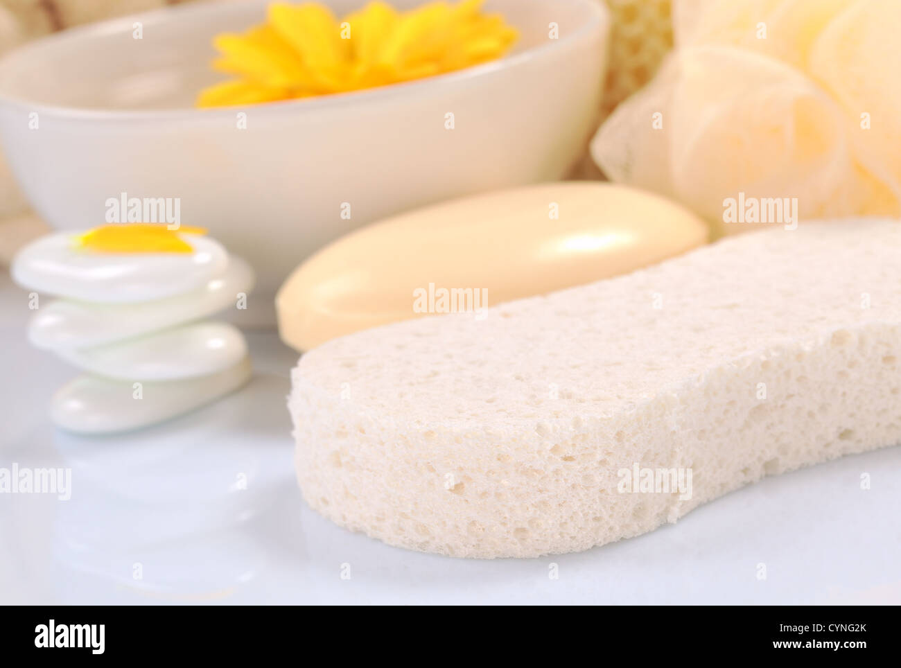 Spa still life with sponge, flower and soap (Selective Focus, Focus on ...