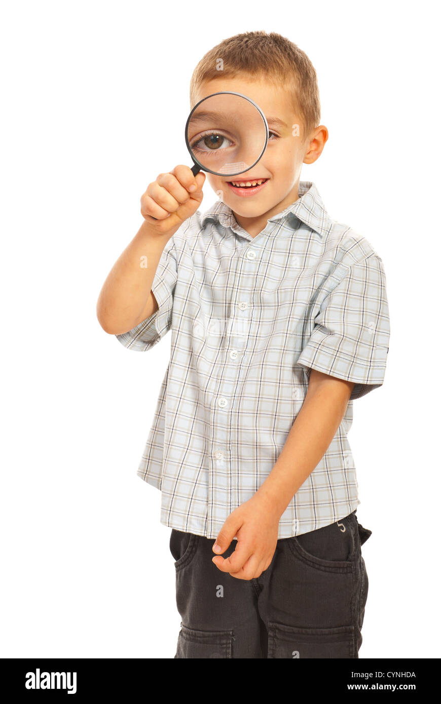 Boy looking through magnifier isolated on white background Stock Photo ...