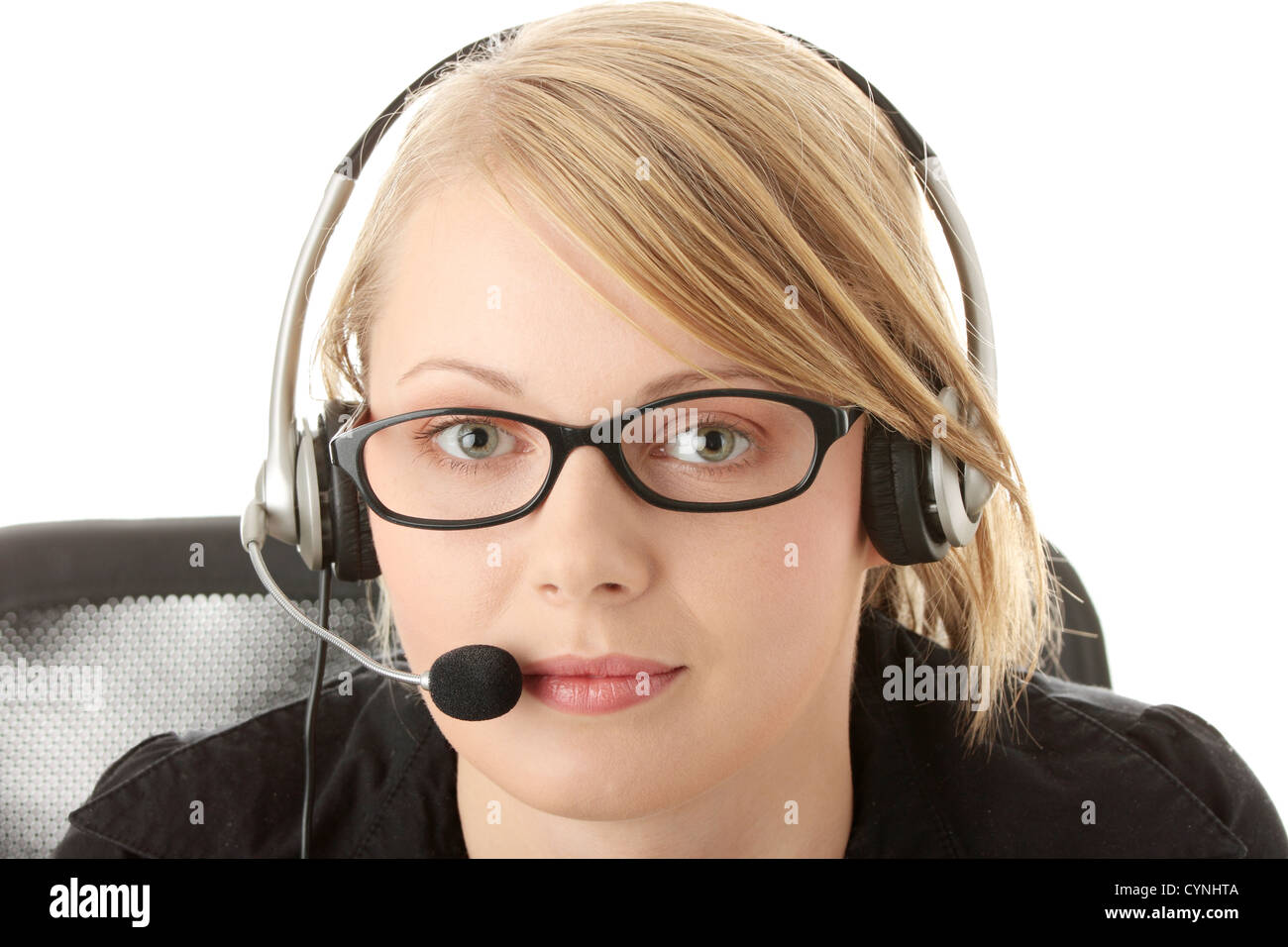 Young beautiful customer service operator girl in headset ,sitting at ...