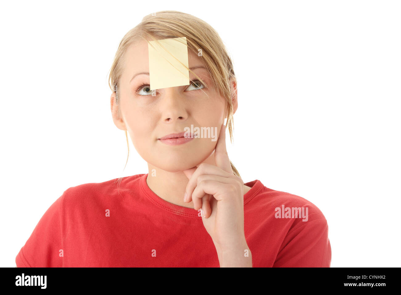Yellow sticky note on forehead Stock Photo - Alamy