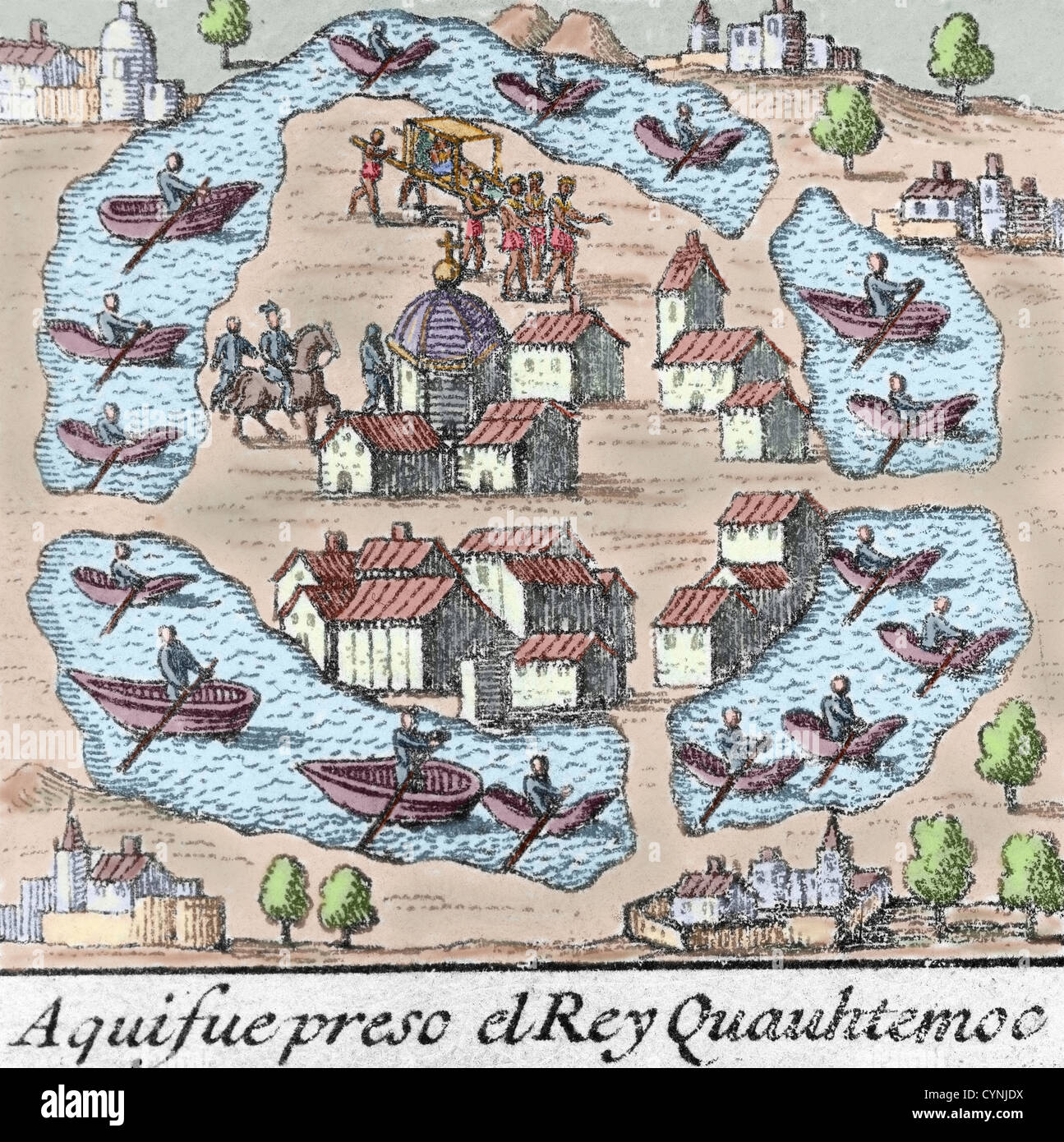 Cuauhtemoc (1495-1525). Last Aztec emperor. Colored Engraving depicting ...