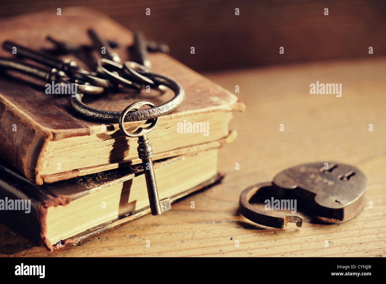 old keys on a old book, antique wood background Stock Photo - Alamy