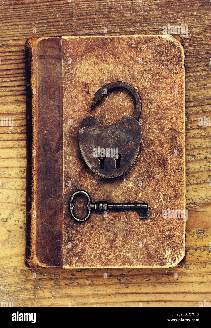 Antique Padlock with key on old book Stock Photo - Alamy