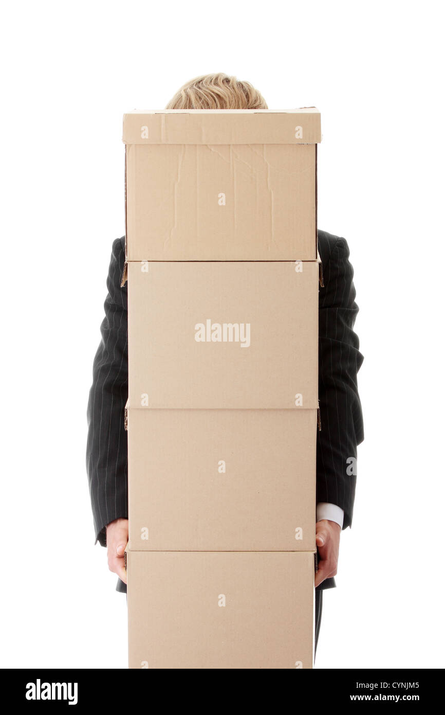 Businessman with stacked Boxes,isolated on white Stock Photo - Alamy