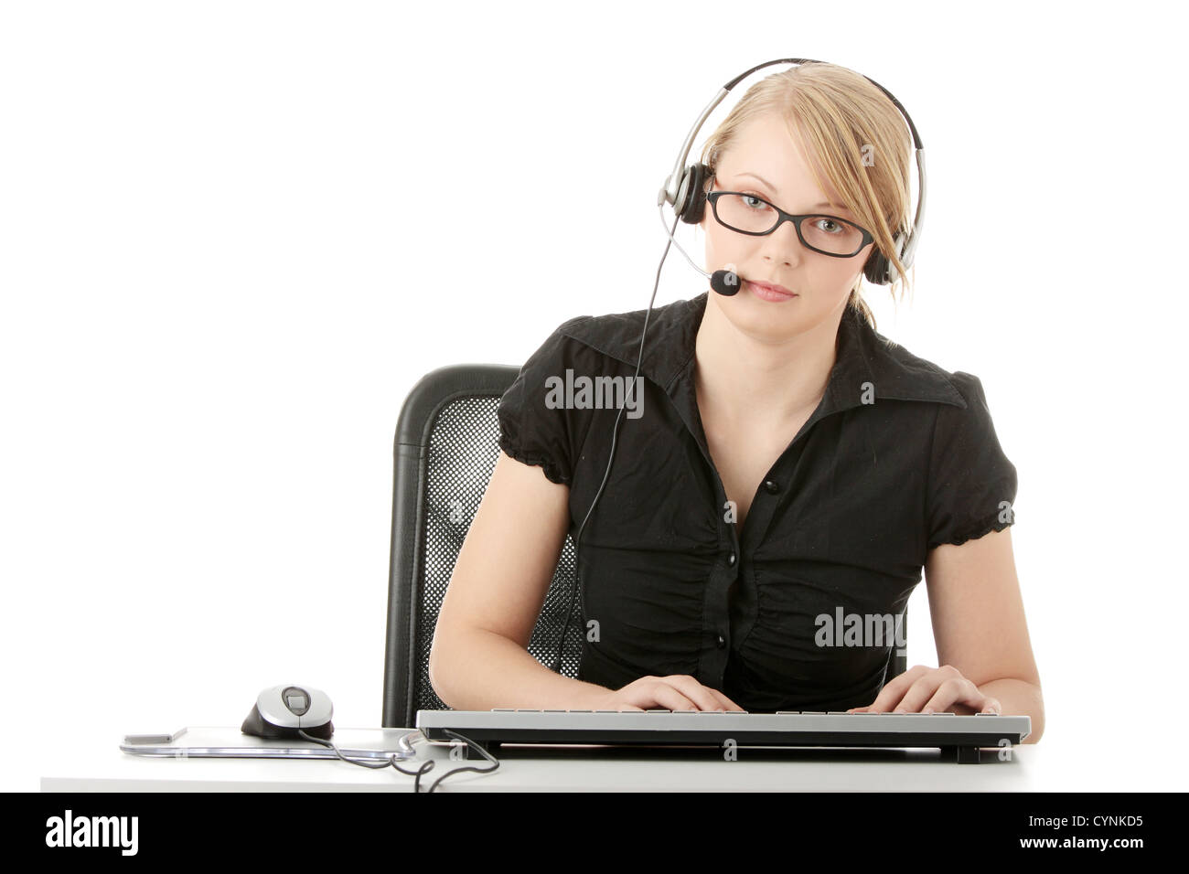 Young beautiful customer service operator girl in headset ,sitting at ...