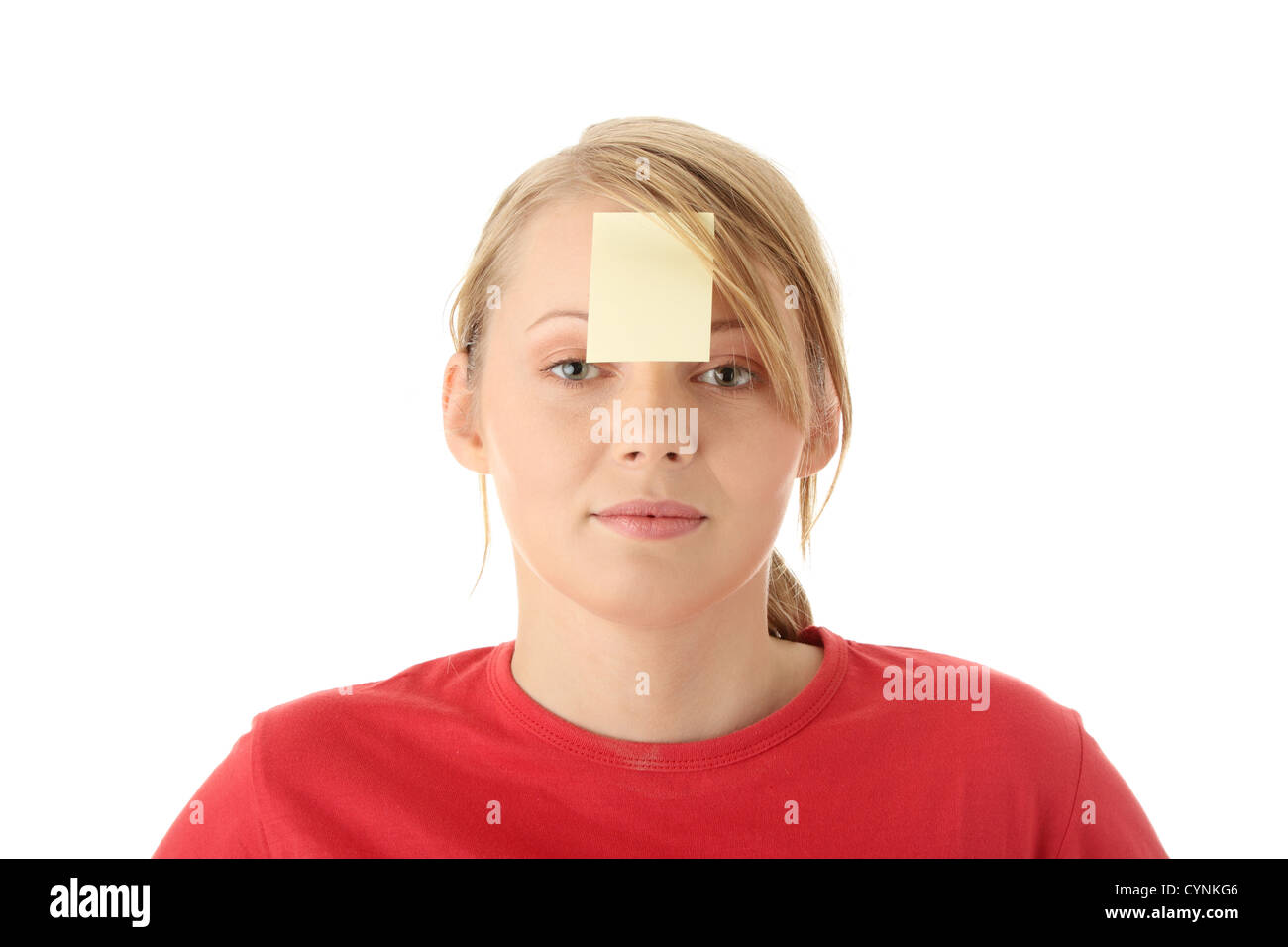 Yellow sticky note on forehead Stock Photo - Alamy