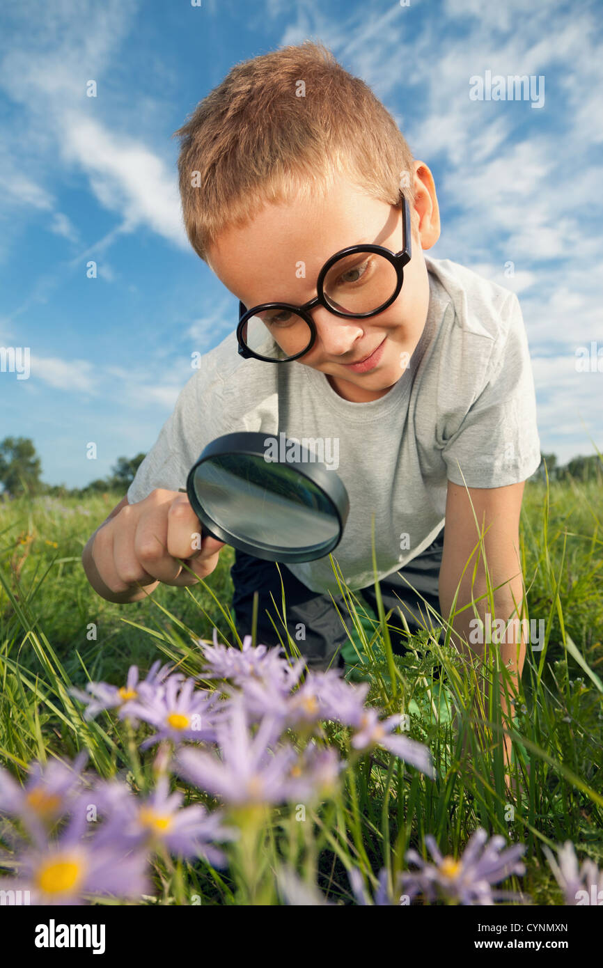Child, examining with a magnifying glass flower Stock Photo - Alamy