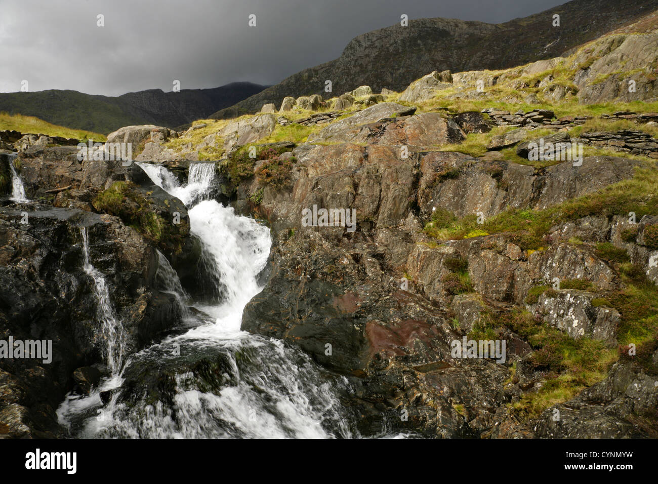 Waterfall alongside the Watkin Path, Snowdonia, which leads towards the ...