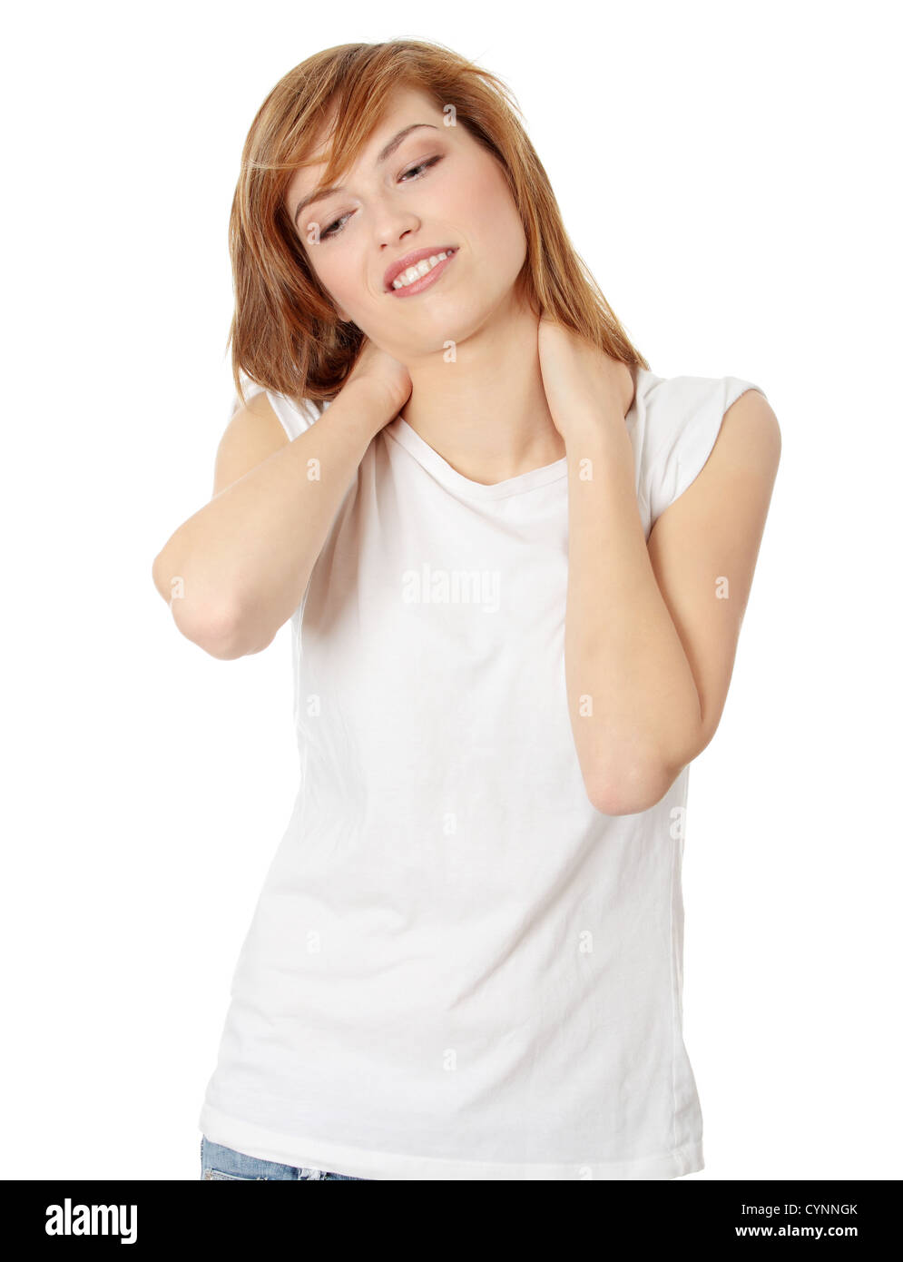 Teen student woman with neck pain, isolated Stock Photo - Alamy