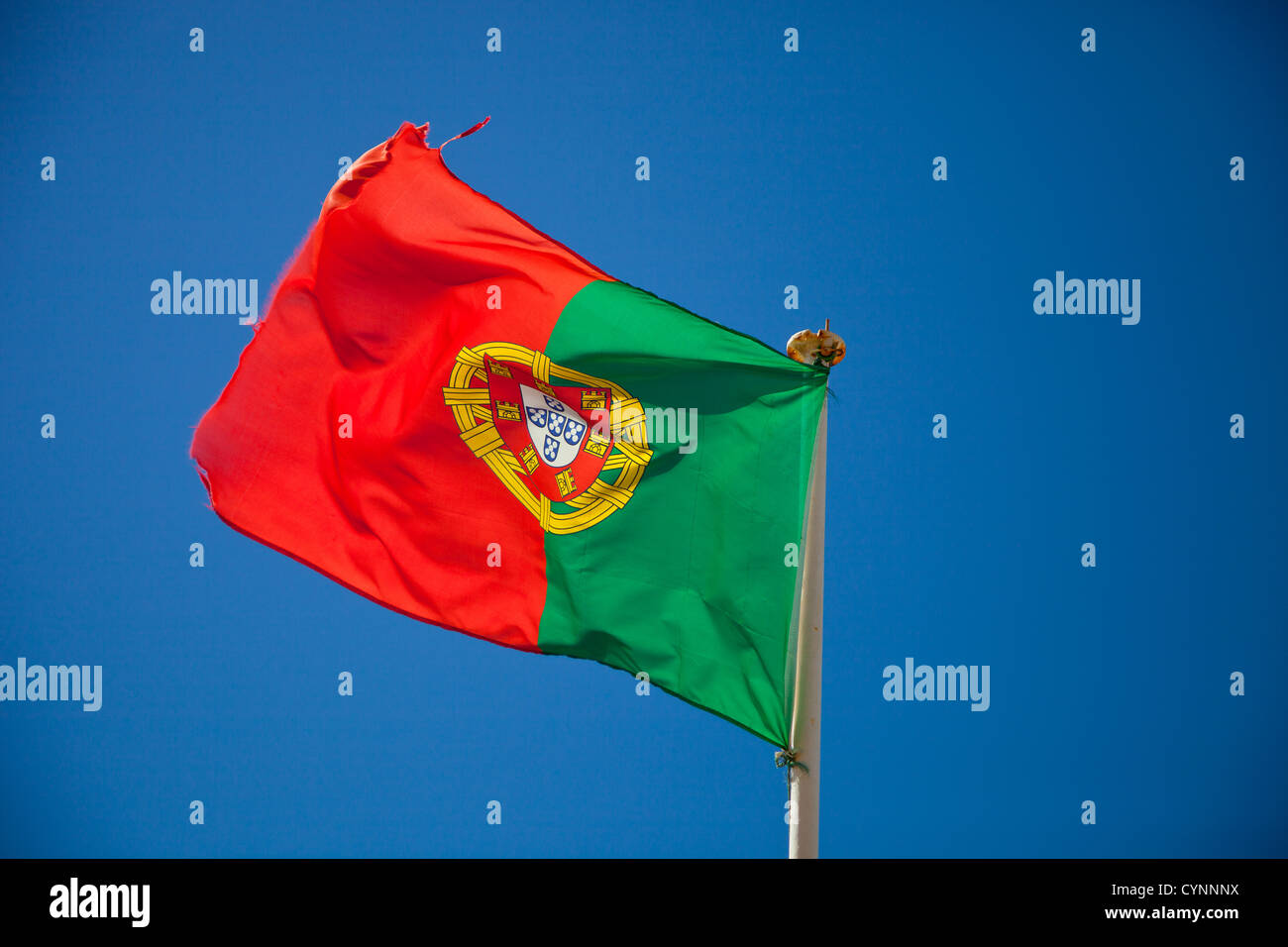 Portuguese National flag flying in clear blue Mediterranean sky Stock ...