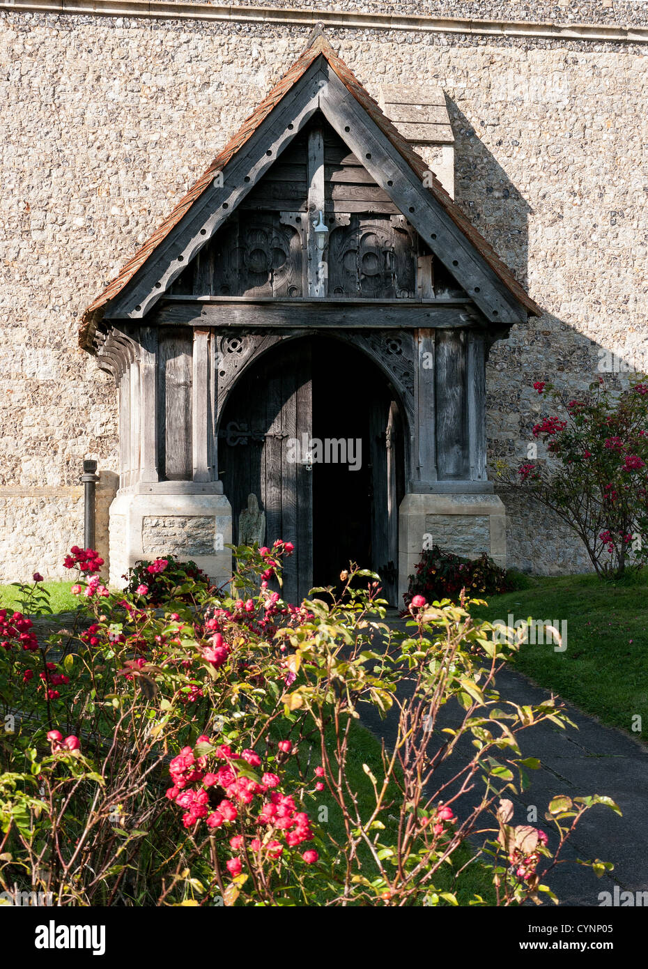 Entrance to the 13th-14th Century All Saints Church, built of stone and ...