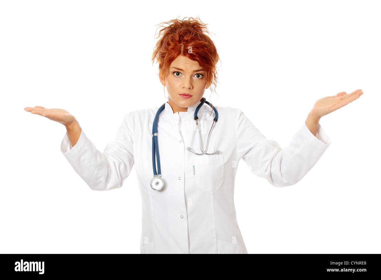 Female doctor or nurse don't know what to do, isolated on white Stock ...