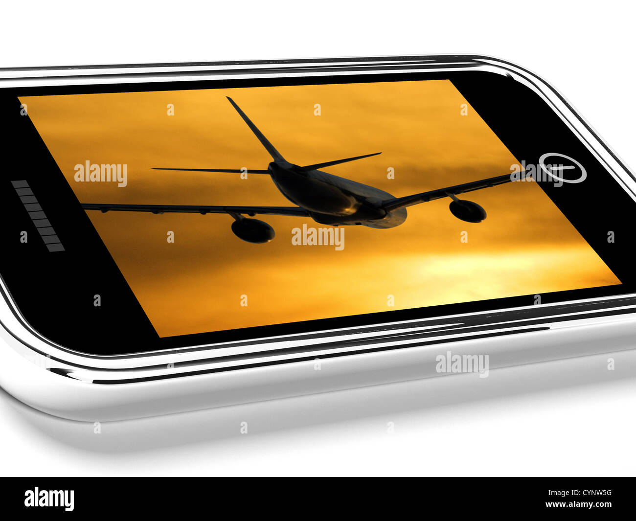 Airplane Flying Towards The Sunset Picture On A Mobile Phone Stock ...