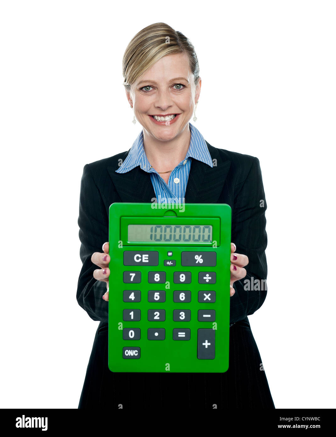 Businesswoman showing big green calculator against white background ...