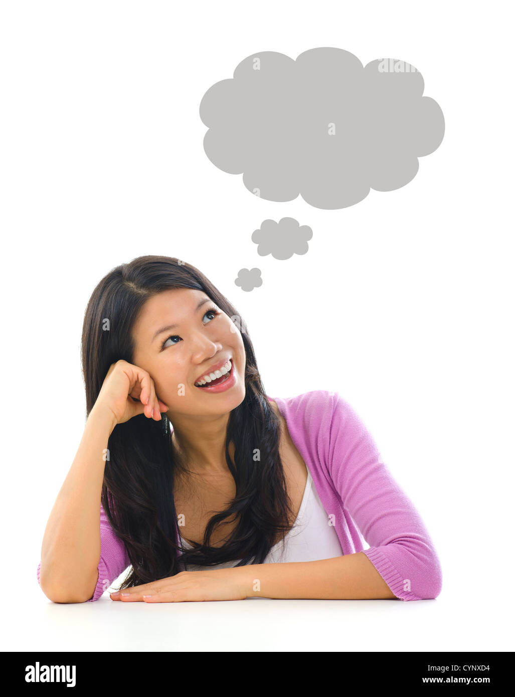 Asian girl having a thought bubble over white background Stock Photo ...
