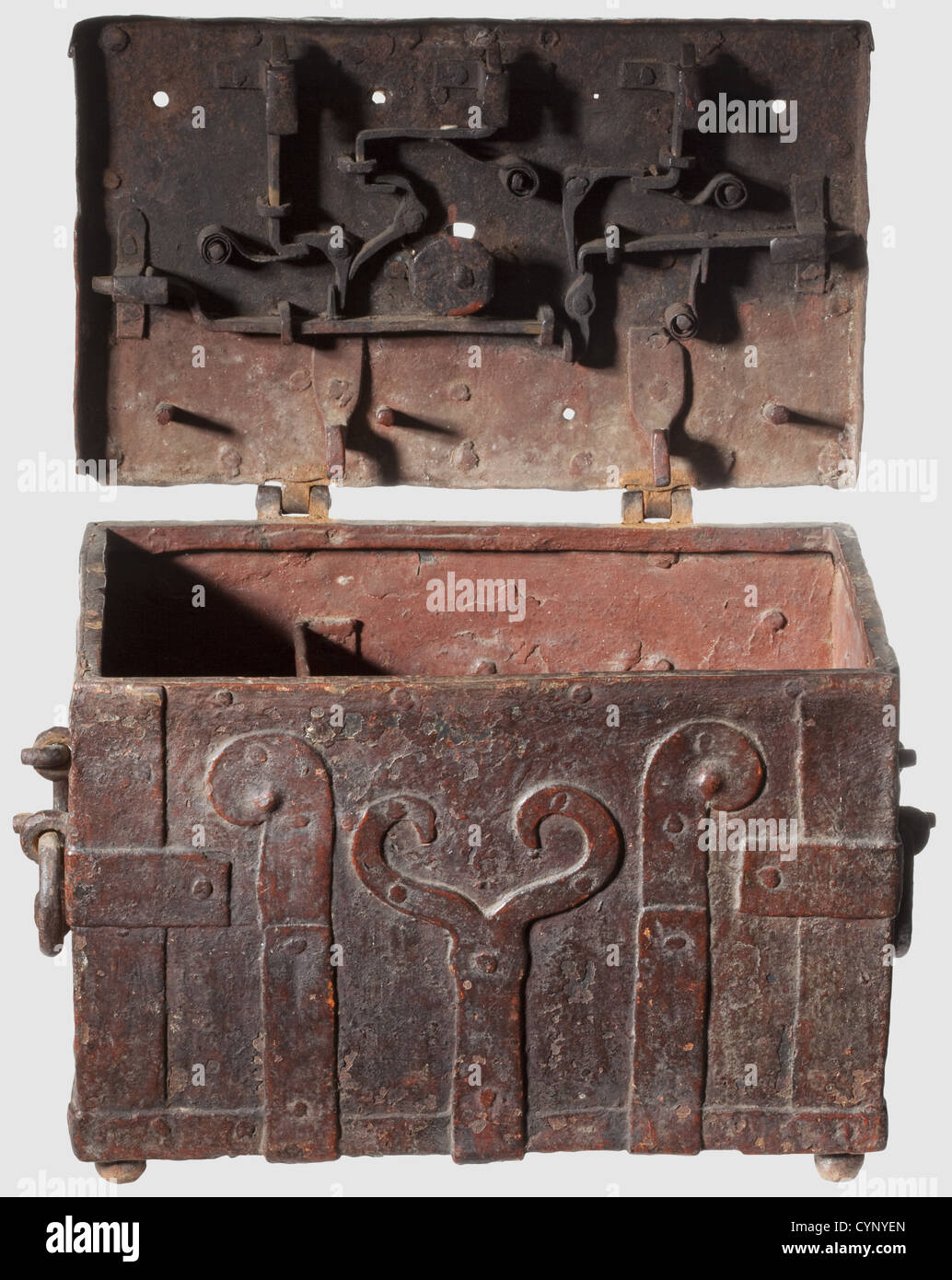 A German heavy iron casket,17th century. Rectangular casket on four ...