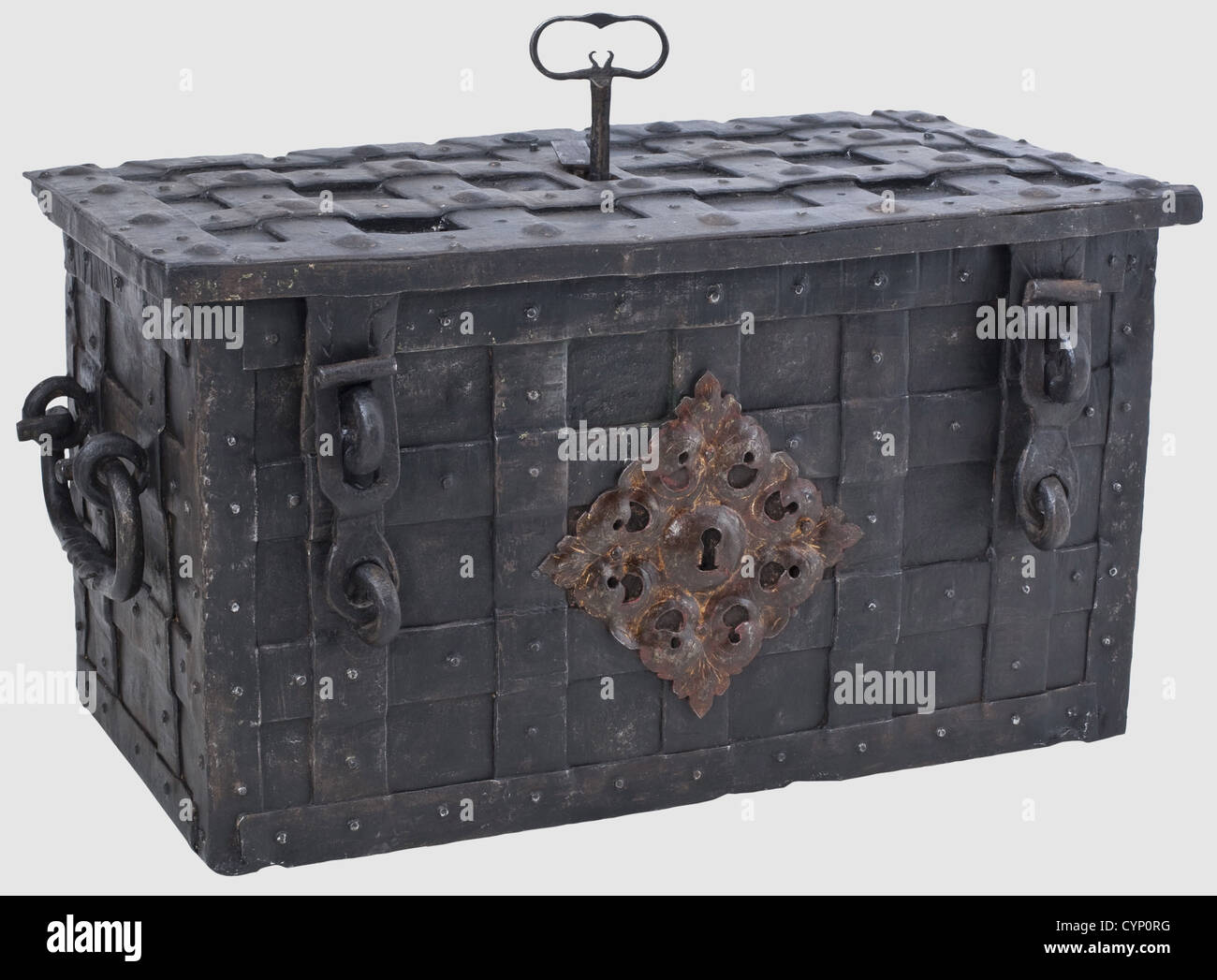 A German war chest,circa 1700. Rectangular,iron strongbox with iron ...
