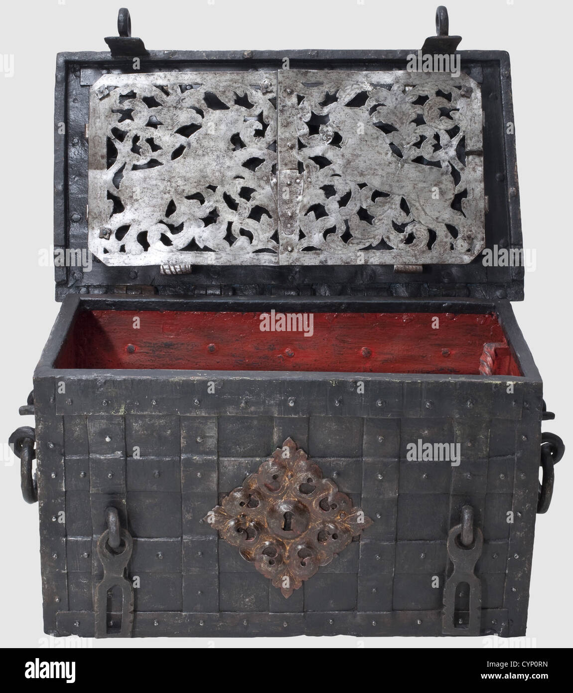 A German war chest,circa 1700. Rectangular,iron strongbox with iron ...
